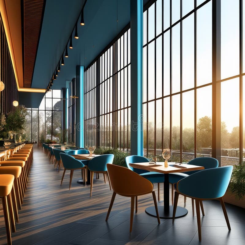 Luxury Restaurant Interior with a Panoramic Window Overlooking the City ...
