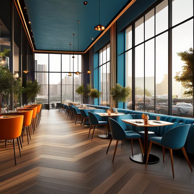 Luxury Restaurant Interior with a Panoramic Window Overlooking the City ...
