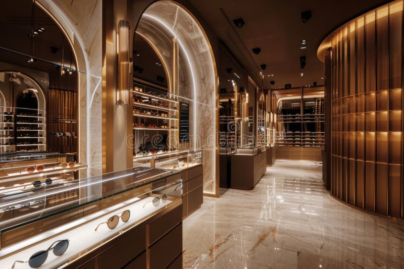 Luxury Retail Store Showcasing Sunglasses with Warm, Elegant Lighting ...