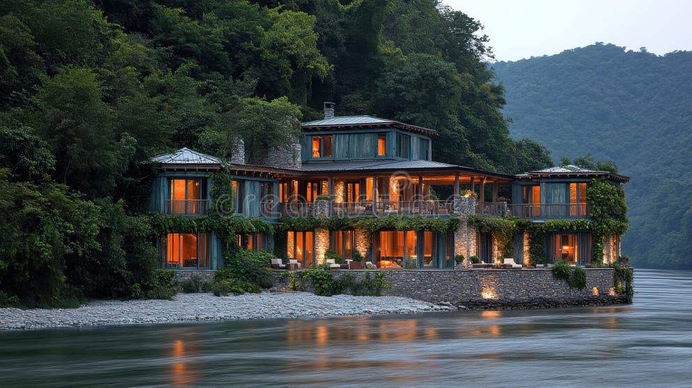 Riverfront Luxury Villa at Dusk Stock Photo - Image of escape, getaway ...