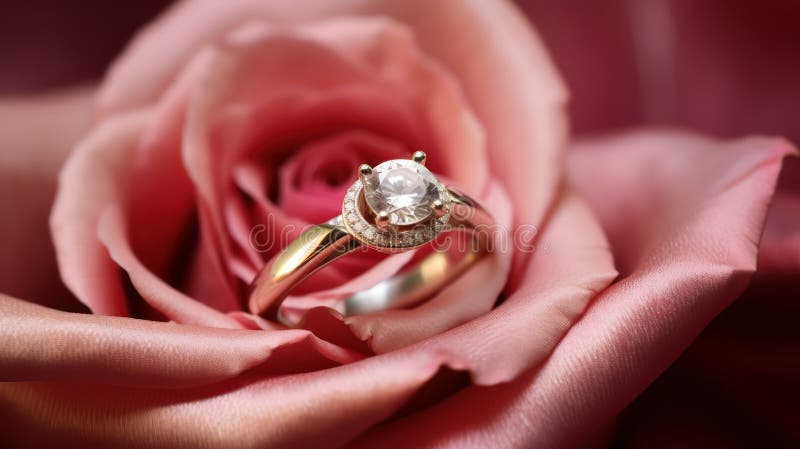Luxury Romance Diamond Ring and Rose on White Background Stock ...