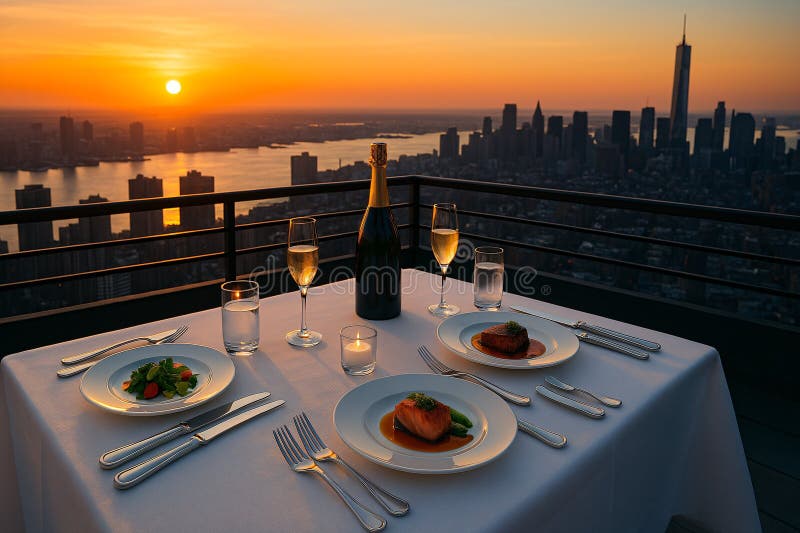 Luxury Rooftop Dining Table Set with Fine Silverware, Champagne, and ...