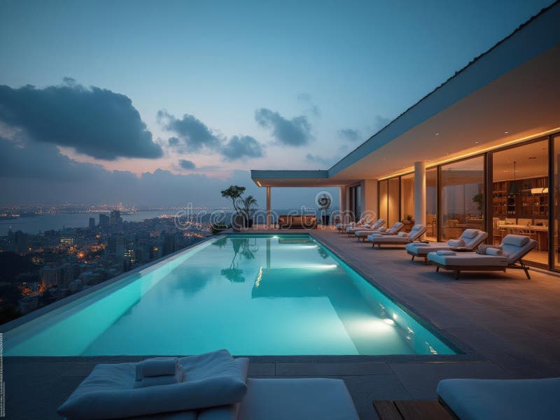 Luxury Rooftop Infinity Pool at Dusk Stock Illustration - Illustration ...