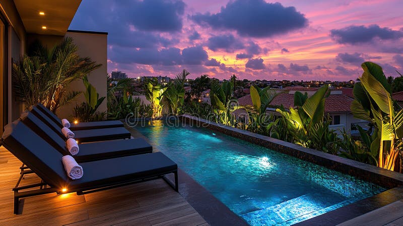 Luxury Rooftop Infinity Pool at Sunset Stock Illustration ...