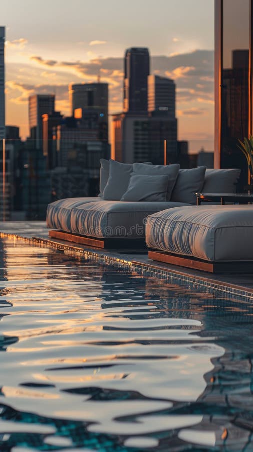 Luxury Rooftop Lounge with City Skyline at Sunset, Relaxation Concept ...