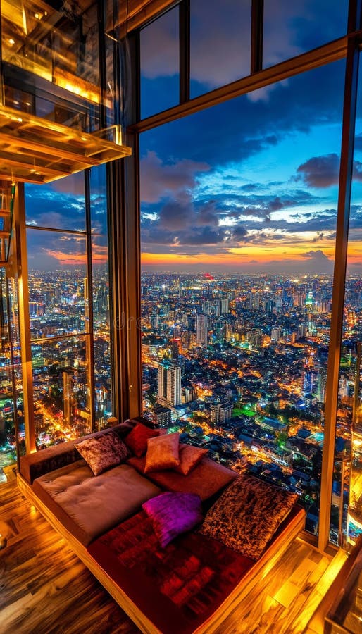 Luxury Rooftop Lounge, Panoramic Cityscape View at Dusk, Comfortable ...