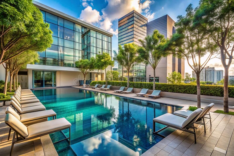 Luxury Rooftop Pool with City View, Modern Architecture, and Lush ...