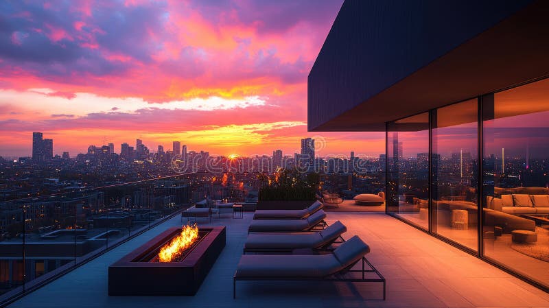 Luxury Rooftop Terrace with Fire Pit Overlooking City Skyline at Sunset ...