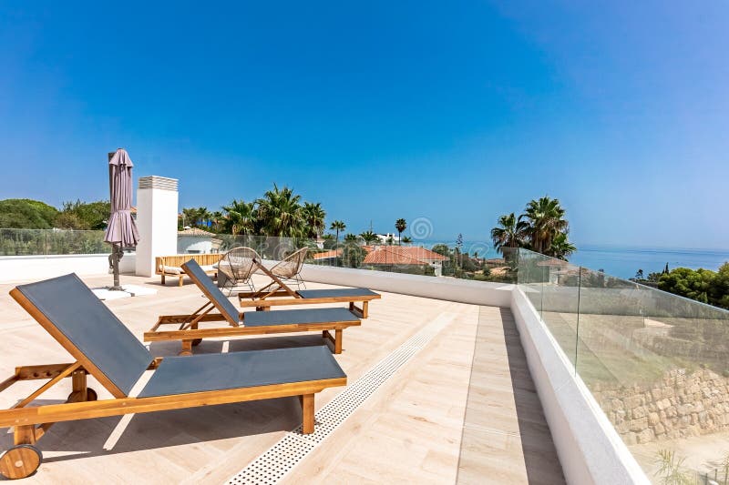 Luxury Rooftop Terrace with Lounges and Ocean View Stock Illustration ...