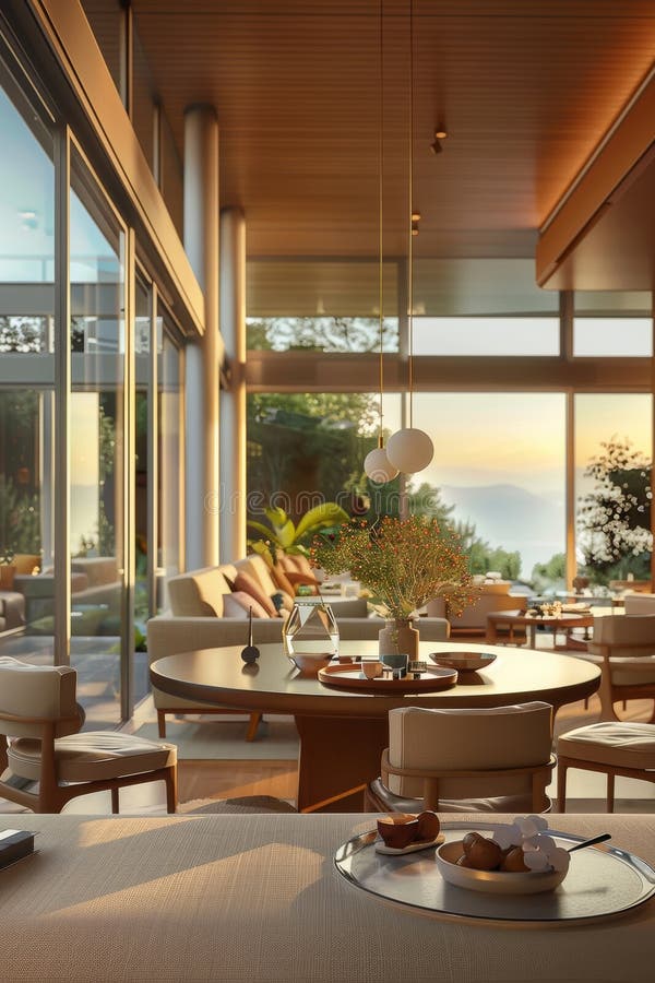 Luxury Round Dinner Table with Open Window and High Ceiling Stock ...