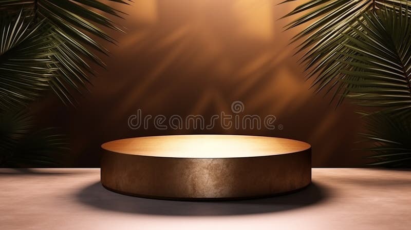 Luxury Round Empty Shiny Bronze Gold Podium Table Palm Leaf in Sunlight ...