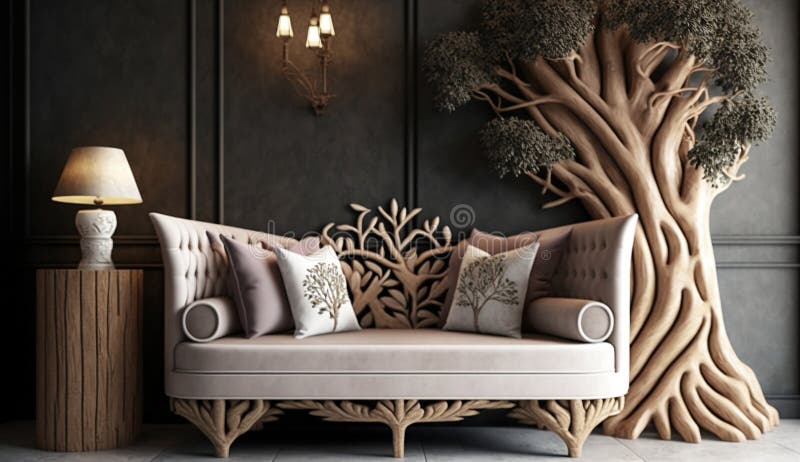 Luxury Rustic Handmade Sofa with Tree Column Decor Stock Illustration ...