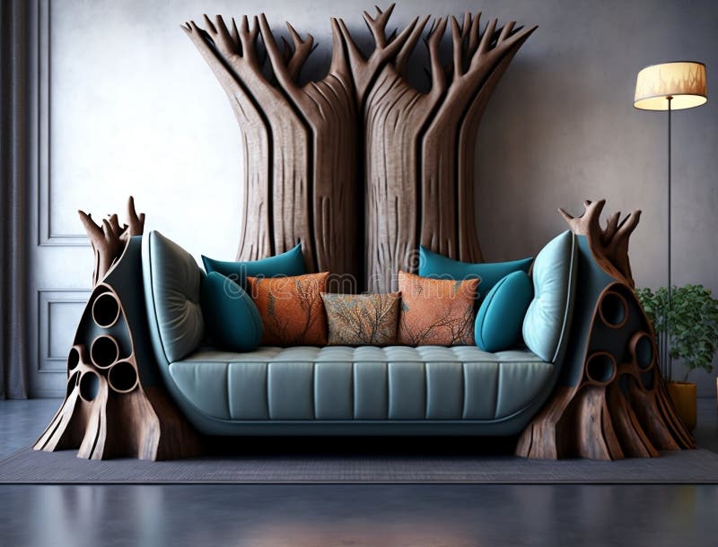 Luxury Rustic Handmade Sofa with Tree Column Decor Stock Illustration ...