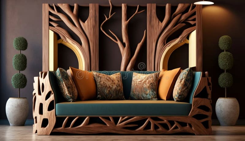 Luxury Rustic Handmade Sofa with Tree Column Decor Stock Illustration ...