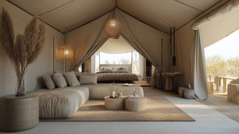 Luxury Safari Tent Interior Design with Beige Decor Stock Illustration ...