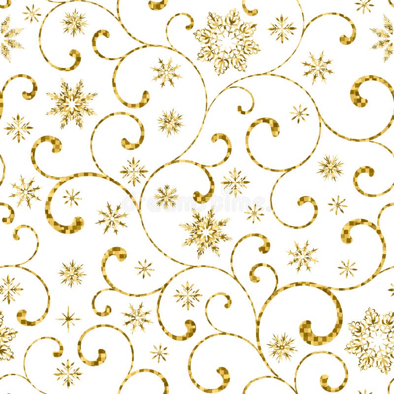 Luxury Seamless Pattern with Gold Swirl and Snowflakes on a White ...