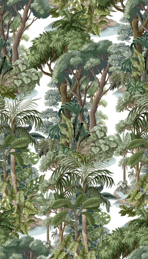 Luxury Seamless Pattern with Jungle Trees. Vector. Stock Vector ...