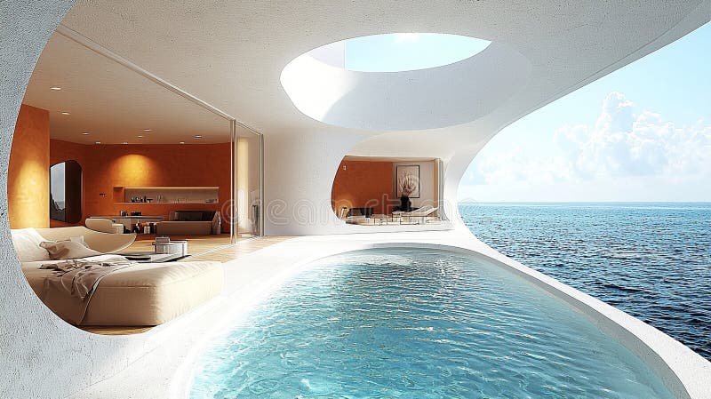 Luxury Seaside Villa Interior with Pool, Ocean View, Cloudy Sky Stock ...
