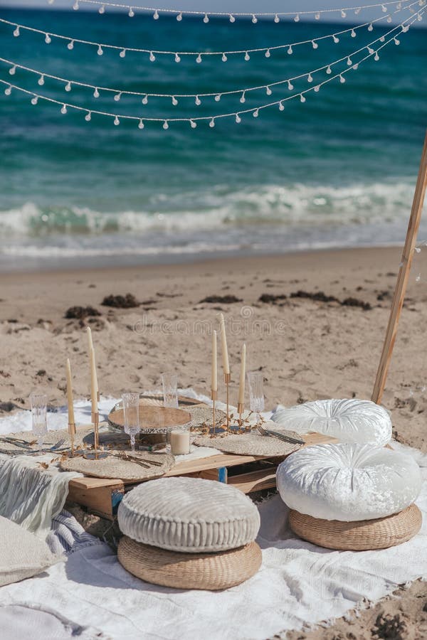 Luxury Setup Picnic in Boho Style Design on the Beach Stock Photo ...