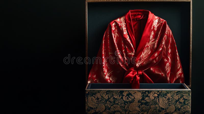 A Luxury Silk Robe in a Decorative Box on a Black Background, Room for ...