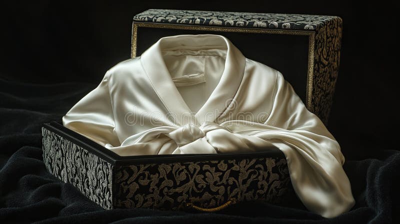 A Luxury Silk Robe in a Decorative Box on a Black Background, Room for ...