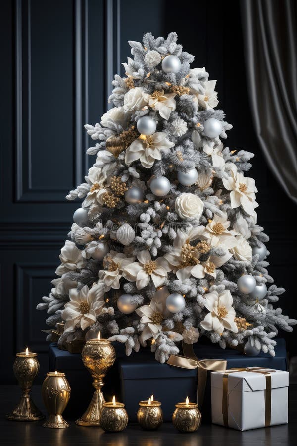 Luxury Silver Christmas Tree with Gift Boxes. Stylish New Year S ...