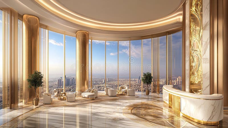 Luxury Skyscraper Lobby Panoramic City View Stock Photo - Image of ...