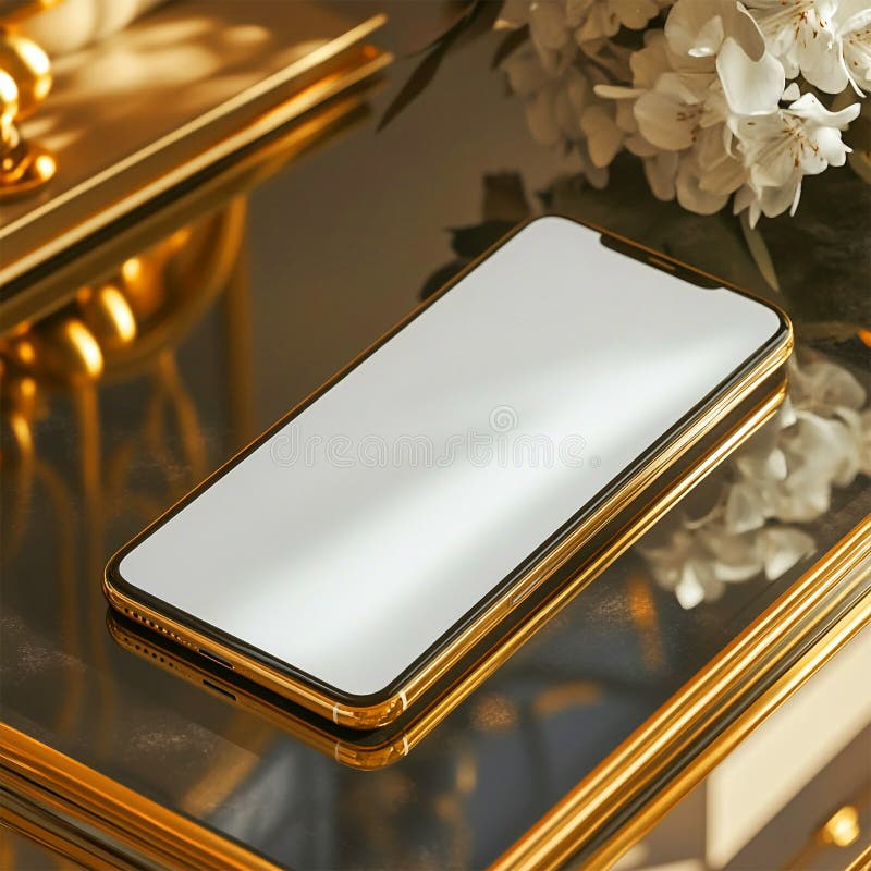 Luxury Smartphone Mockup Elegant Gold White Phone Design on Reflective ...