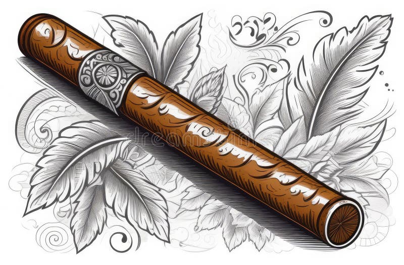 Luxury Smoking. Engraving Illustration of Cuban Cigar with Floral ...