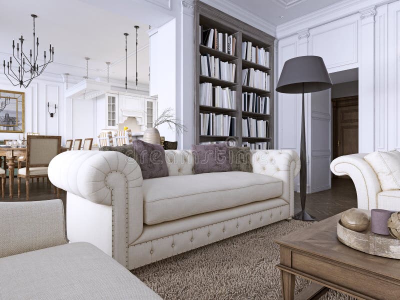 Luxury Sofa in Classic Living Room with Library Stock Illustration ...