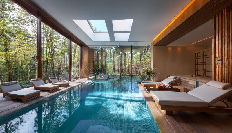 Luxury Spa Interior with Pool in the Center, Panoramic Window Stock ...
