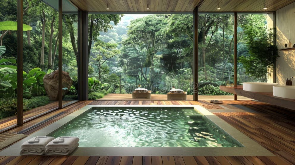 Luxury Spa Room with Pool Surrounded by Greenery Stock Image - Image of ...