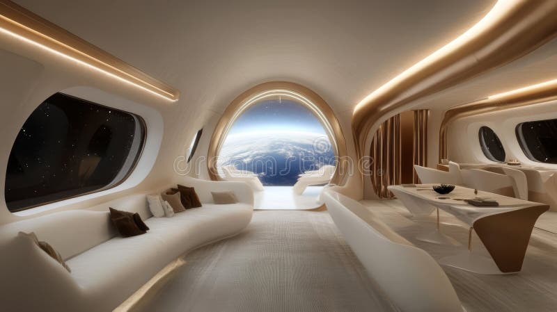 Luxury Spaceship Interior with Earth View Stock Illustration ...