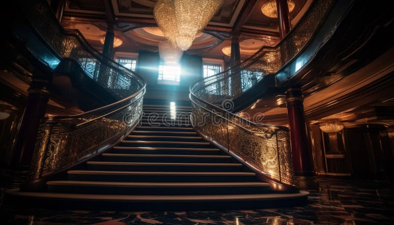 Luxury Staircase Inside Modern Architecture, Illuminated at Night ...