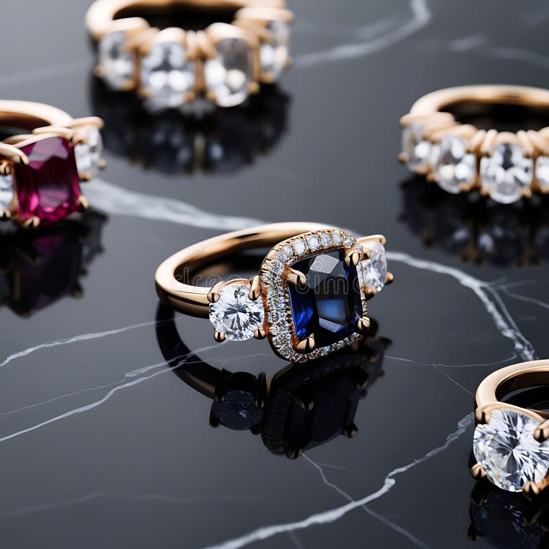 Luxury Statement Rings with Precious Stones on Black Marble Stock ...