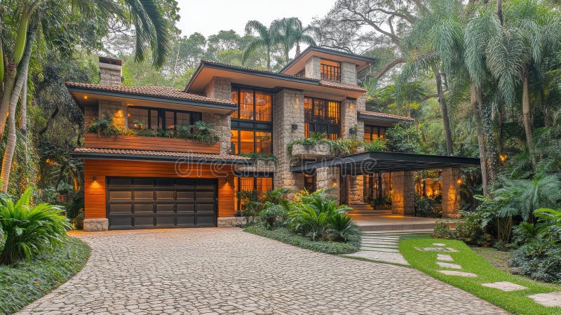 Luxury Stone and Wood Modern Home in Lush Tropical Setting Stock Image ...