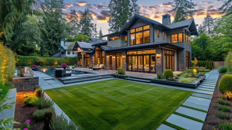 Luxury Suburban House at Sunny Day. Stock Photo - Image of real ...