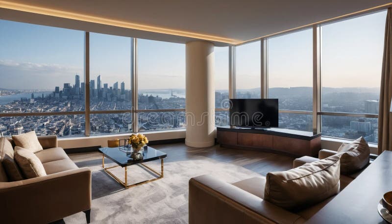Luxury Suite with Panoramic Views and Wall LED TV Setup Stock ...