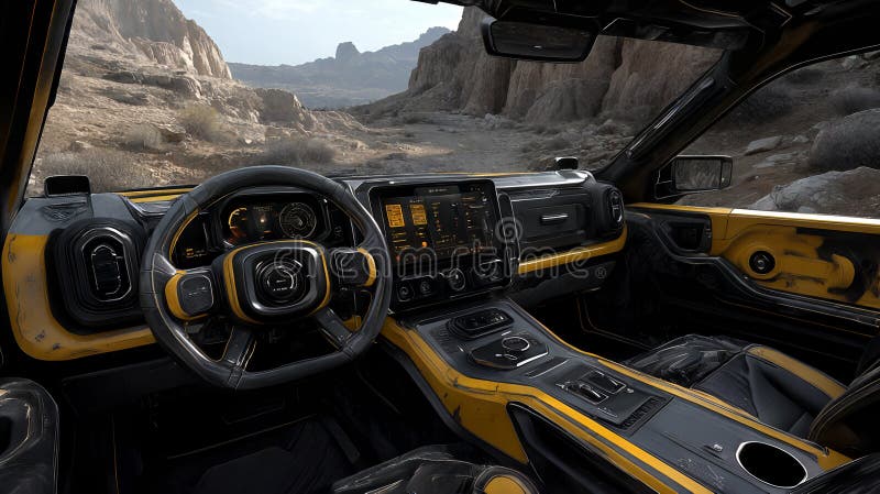 Luxury Suv Interior with High-tech Dashboard in Rugged Desert Landscape ...