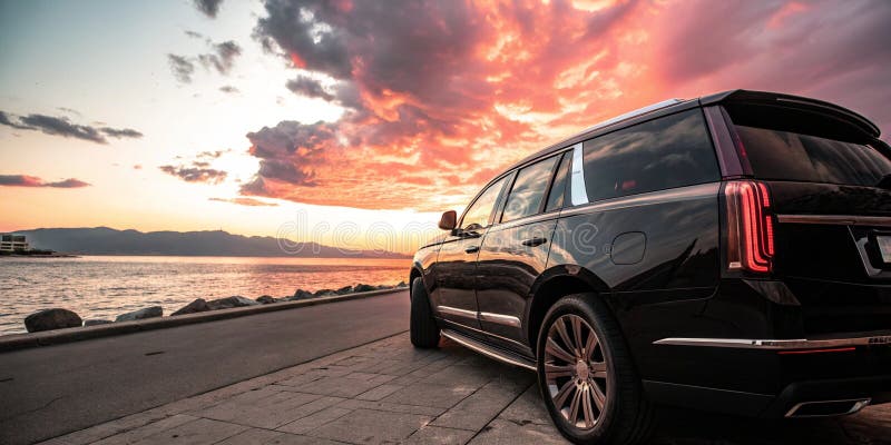 Luxury SUV Rear View at Sunset Stock Illustration - Illustration of ...