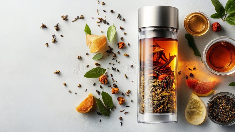 A Luxury Tea Infuser Bottle with Loose Leaf Teas on a Light Background ...