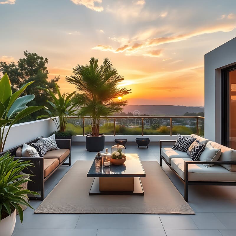 A Luxury Terrace with a Designer Outdoor Sofa Stylish Coffee Table Lush ...
