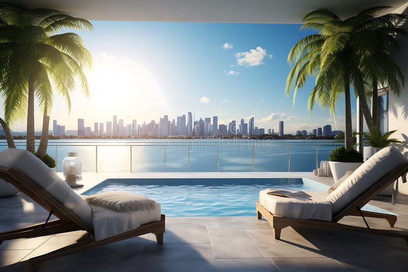 Luxury Terrace with a View of the City and Sea. 3d Rendering Stock ...