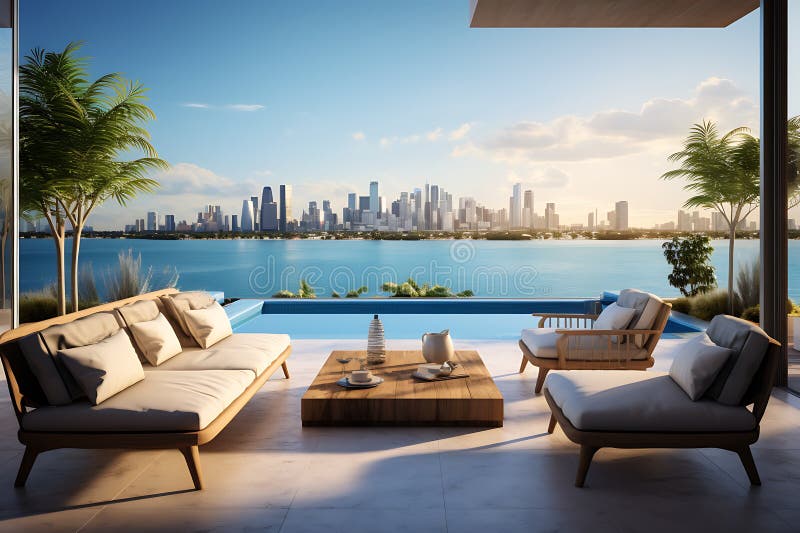 Luxury Terrace with a View of the City and Sea. 3d Rendering Stock ...