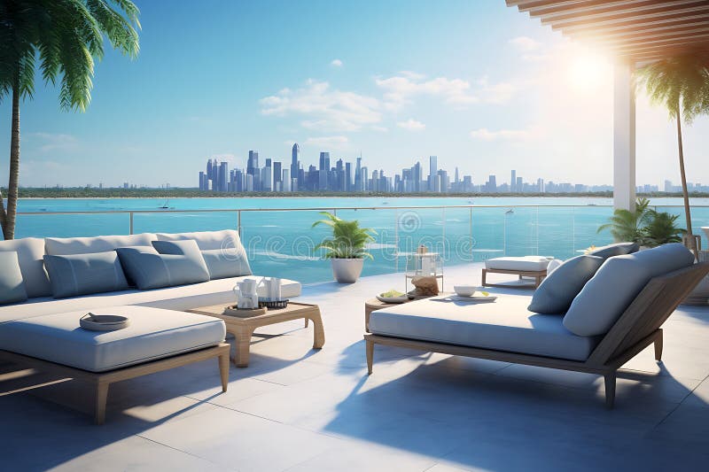 Luxury Terrace with a View of the City and Sea. 3d Rendering Stock ...