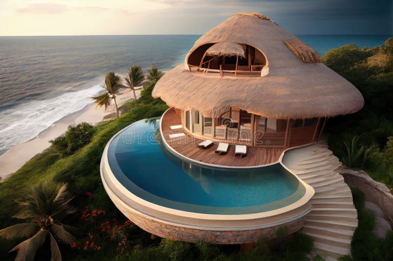 Luxury Thatched House with Infinity Pool Overlooking the Ocean Stock ...