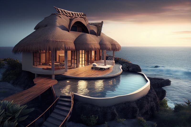 Luxury Thatched House with Infinity Pool Overlooking the Ocean Stock ...