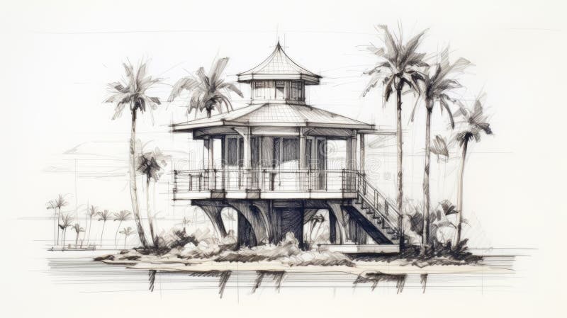 Luxury Tiny Home with Palm Tree House Drawing Stock Illustration ...