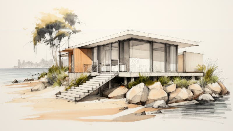Luxury Tiny Home Sketch Modern Architecture with Beachfront View Stock ...