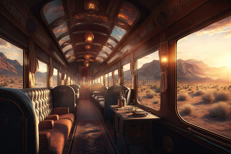 Luxury Train, with Steam Engine and Luxurious Interiors, Heading into Sunset Stock Illustration ...
